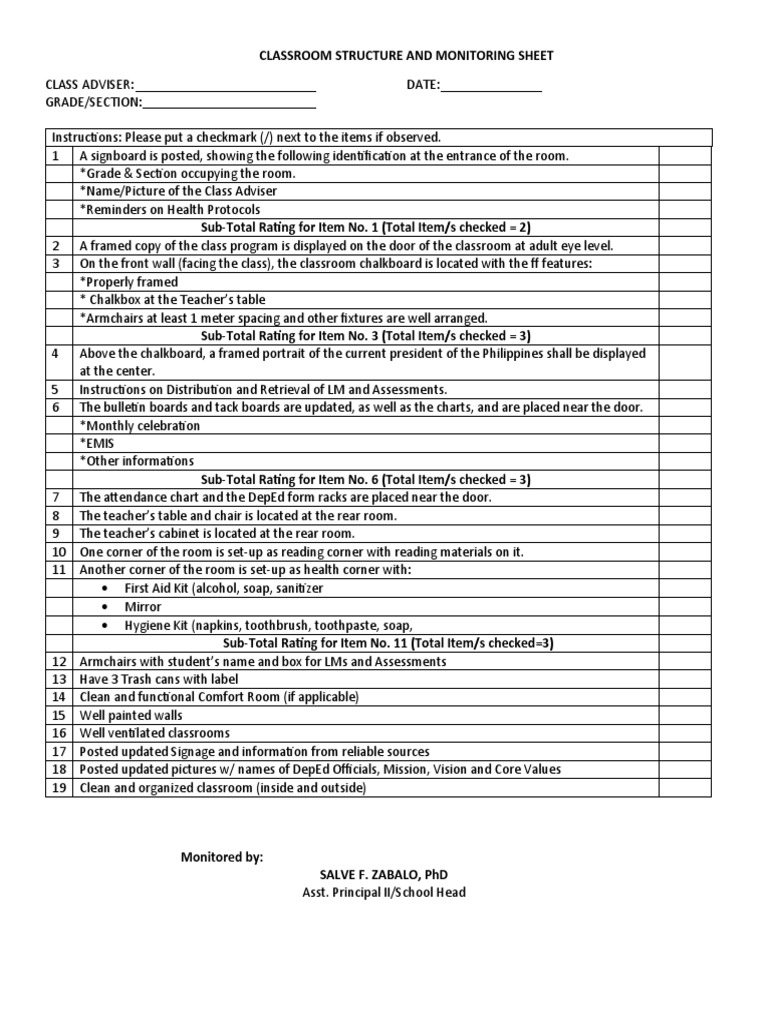 Classroom Structure and Monitoring Sheet | PDF | Classroom