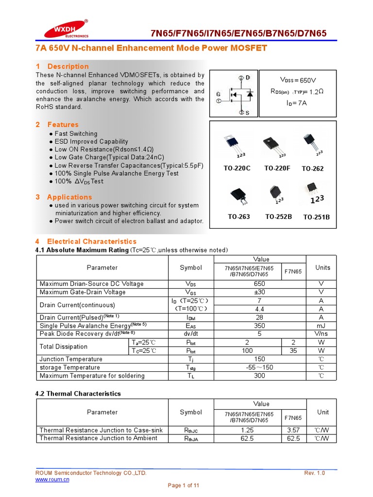 7A 650V N-Channel Enhancement Mode Power MOSFET: 7N65/F7N65/I7N65/E7N65 ...