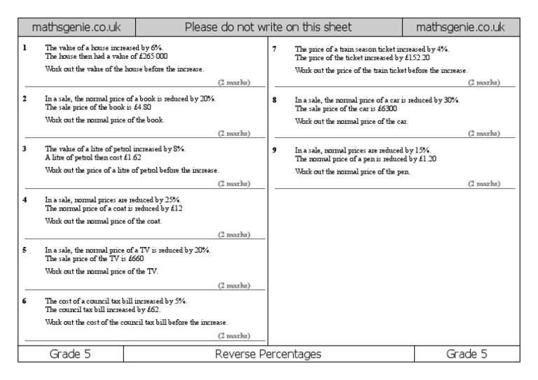 Reverse Percentages Practice | PDF | Prices | Market (Economics)