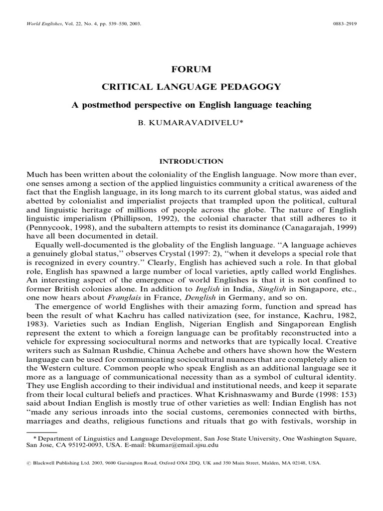 Critical Language Pedagogy: A Postmethod Perspective on Decolonizing ...