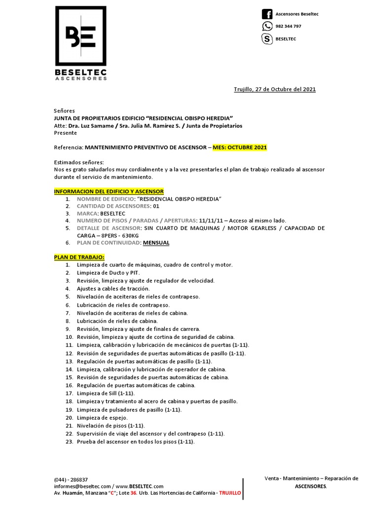 Informe Tecnico Beseltec - Mantenimiento de Ascensor - Eidf. Res. Obispo Heredia - Oct.2021 ...