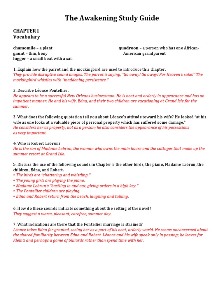 The Awakening Study Guide Answers | PDF | The Awakening (Chopin Novel ...
