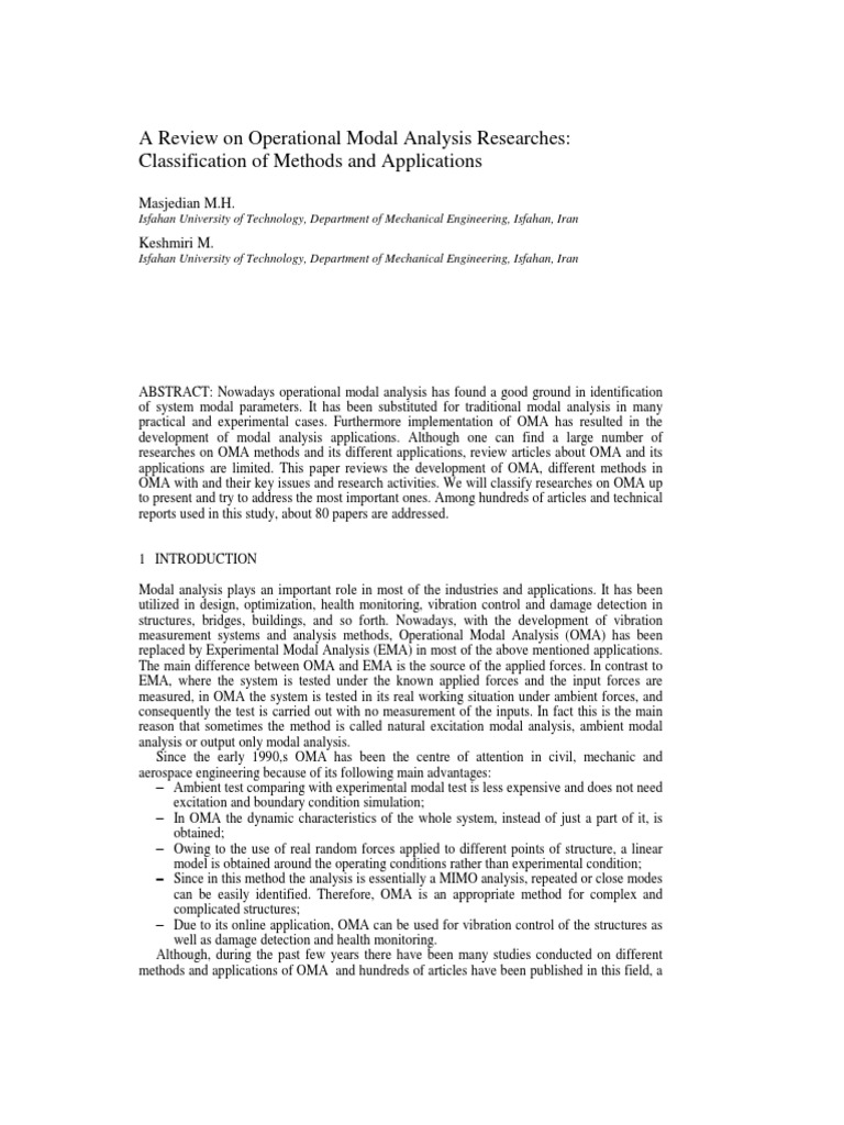 A Review On Operational Modal Analysis Researches Classification Of Methods And Applications
