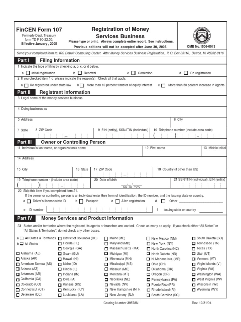 FinCEN Form 107: MSB Registration Guide | PDF | Money Order | Financial ...