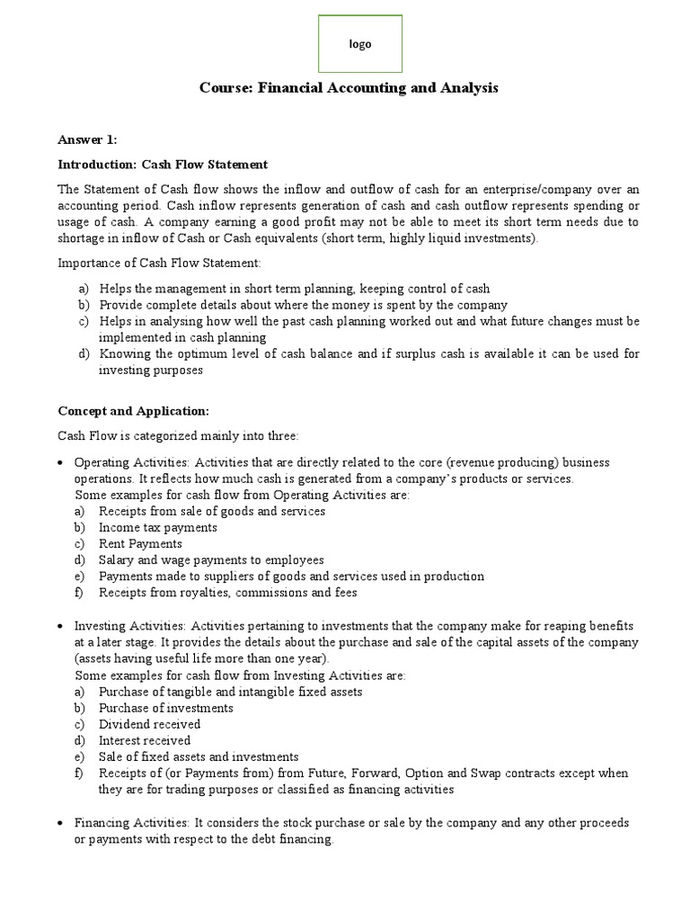Course: Financial Accounting and Analysis: Answer 1: Introduction: Cash ...