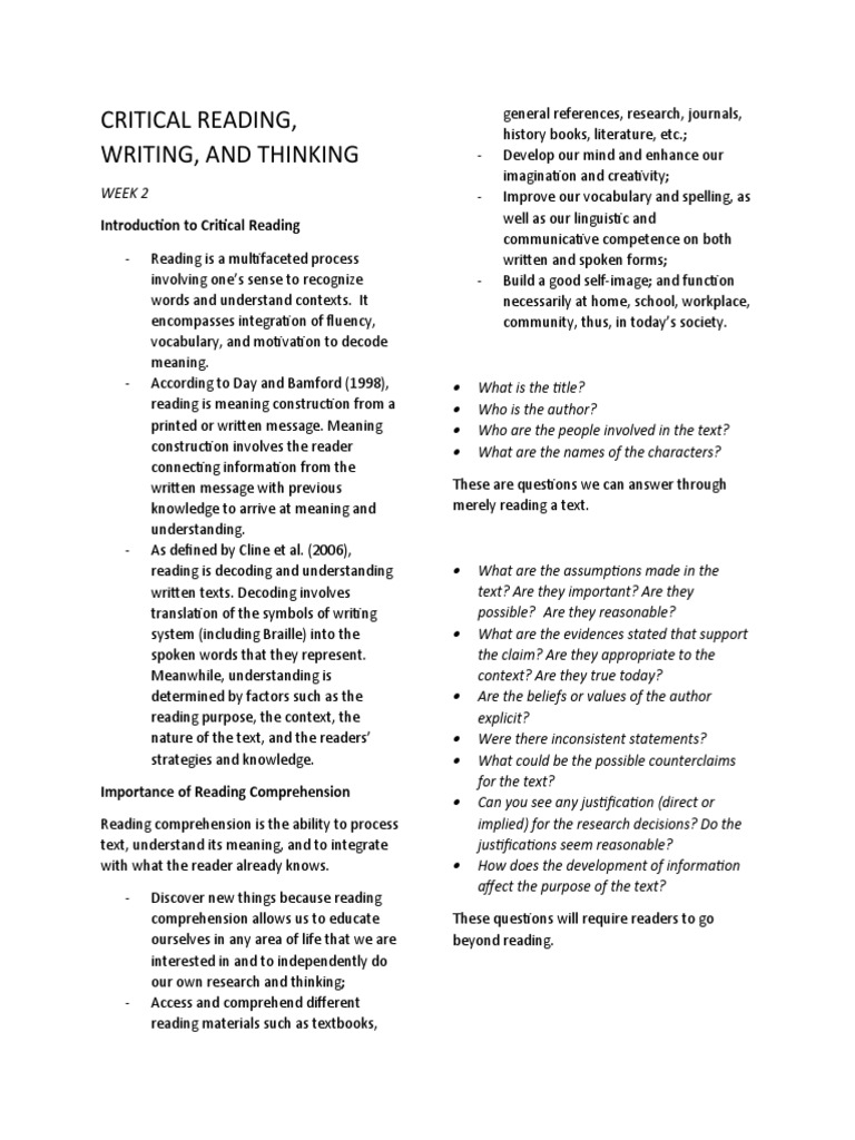 Understanding the Nature and Purpose of Critical Reading | PDF ...