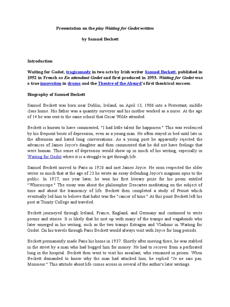 Presentation On The Play Waiting For Godot | PDF | Samuel Beckett