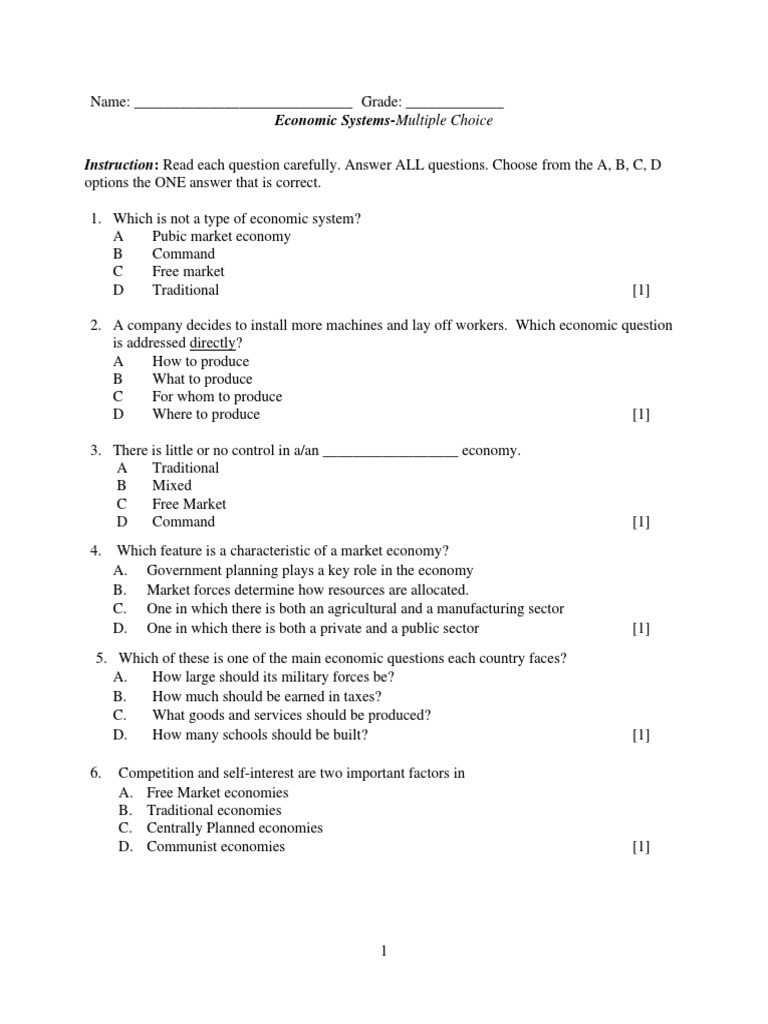 Understanding Economic Systems: A Multiple Choice Assessment | PDF ...