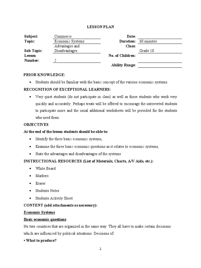Economic Systems Lesson Plan for Grade 10 | PDF | Economic System ...