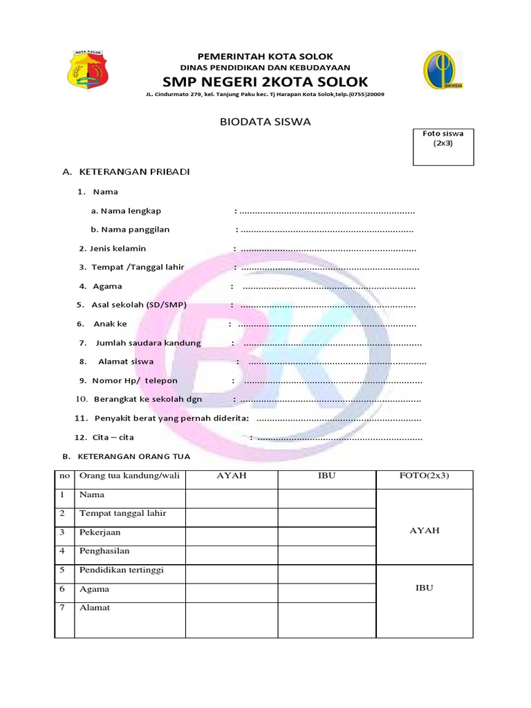 Format Data Pribadi SIswa | PDF