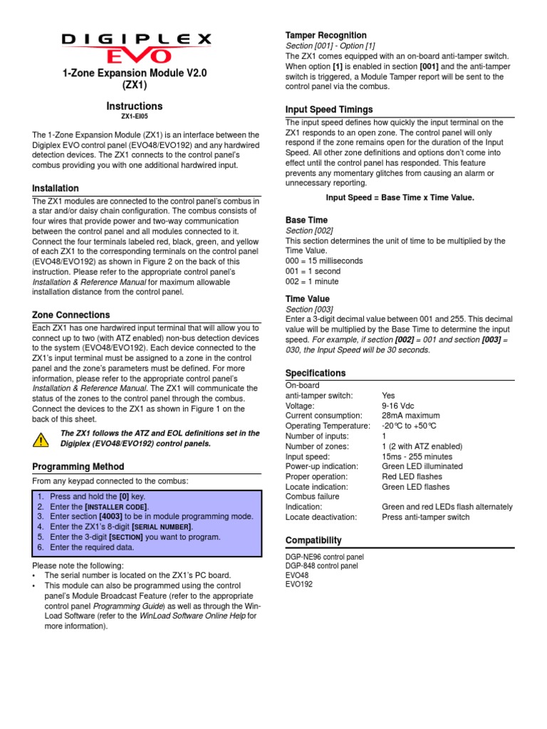 1-Zone Expansion Module V2.0 (ZX1) Instructions: Tamper Recognition ...