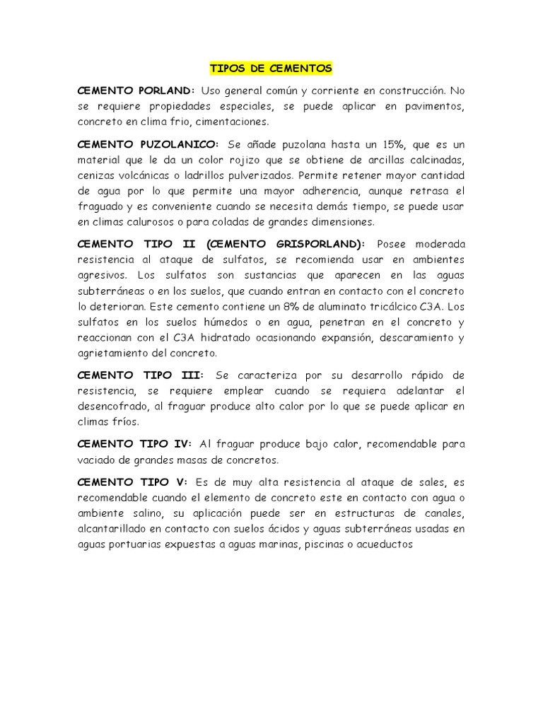 Tipos de Cementos | PDF | Cemento | Hormigón Tipos de Cementos | PDF | Cemento | Hormigón