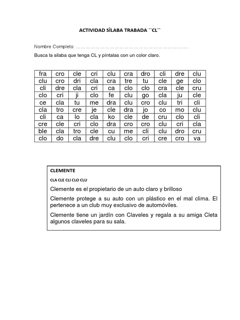 Actividades con la sílaba "CL" | PDF | Artes del Lenguaje y ...