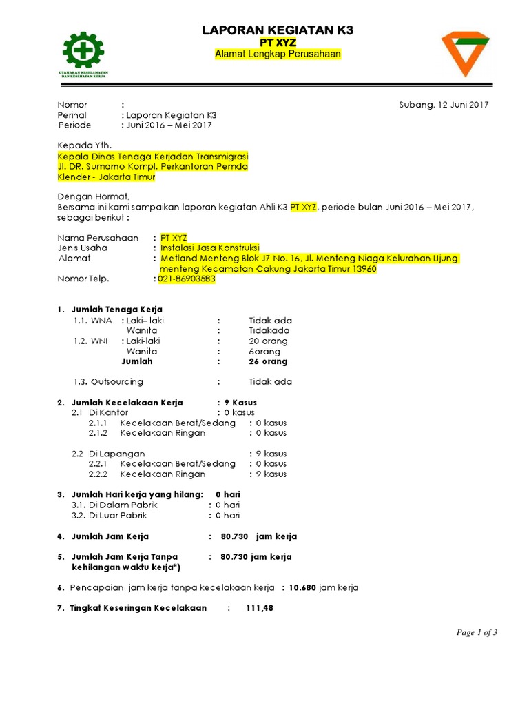 Laporan Kegiatan K3 PT XYZ 2016-2017 | PDF
