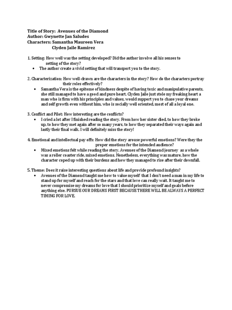 Title of Story: Avenues of The Diamond Author: Gwynette Jan Saludes ...