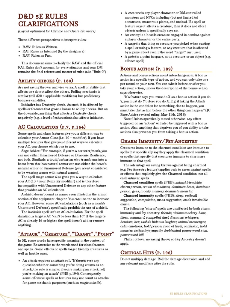 D&D 5E Rules Clarifications: Bonus Action (P. 189) | PDF | Dungeons ...