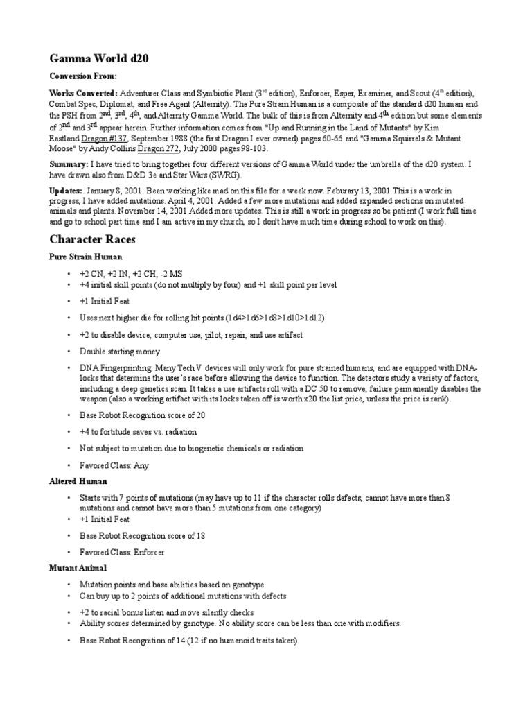 Gamma World d20 Character Conversion Guide | PDF