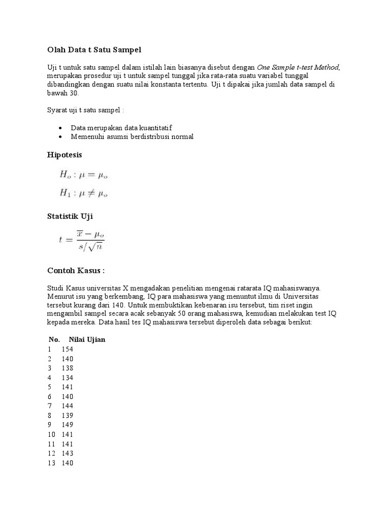 Olah Data T Satu Sampel | PDF
