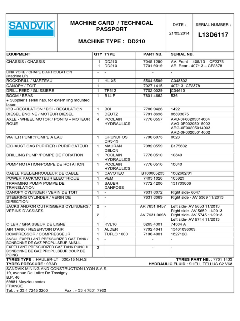 Machine Card 6117 DD 210 SANDVIK | PDF | Transport | Motor Vehicle