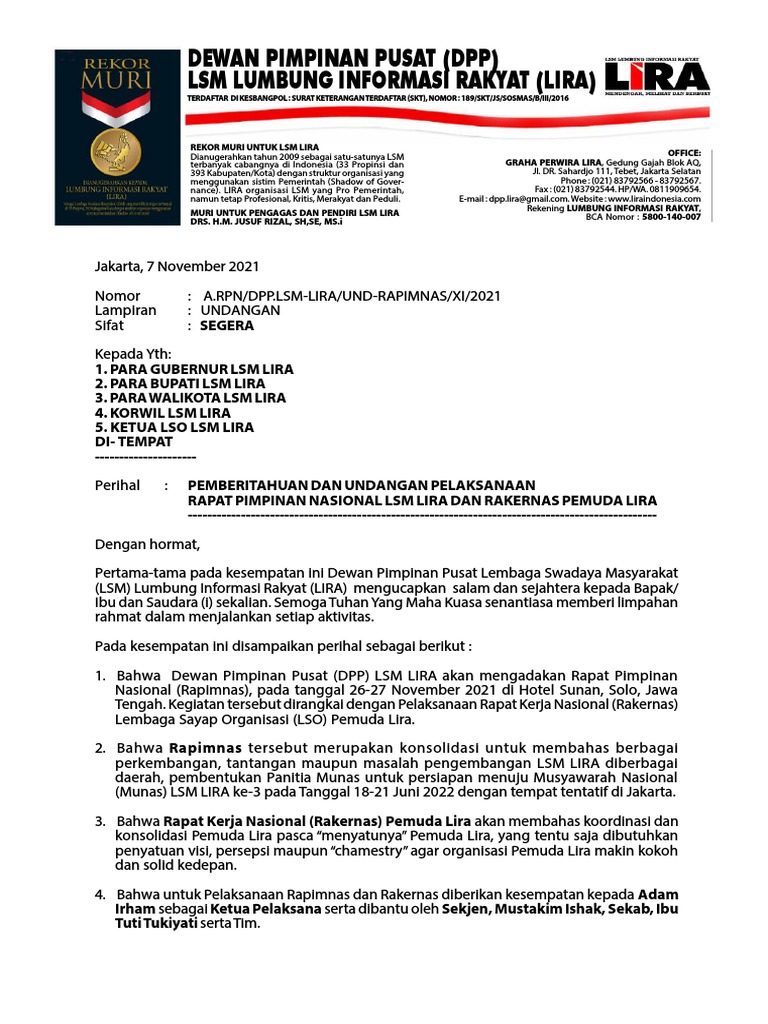 Surat Rapimnas LSM Lira 2021.Pmd | PDF