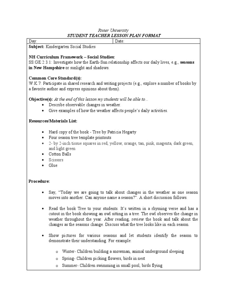 Student Teacher Lesson Plan Format: Rivier University | PDF ...