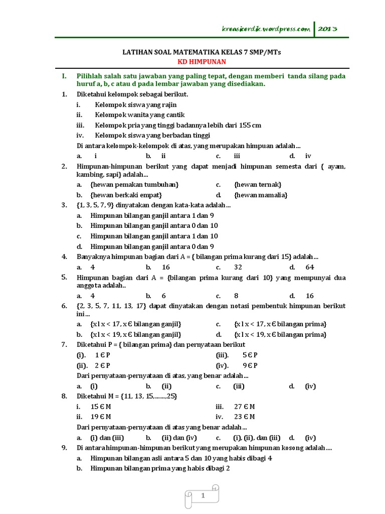 1.2 Latihan Soal Matematika Himpunan Kls.7 SMP - MTs | PDF | Metode ...