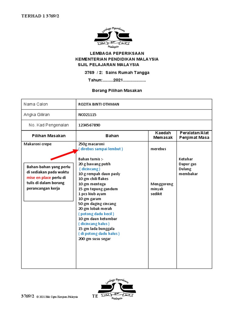 Contoh Borang Amali Masakan SPM | PDF