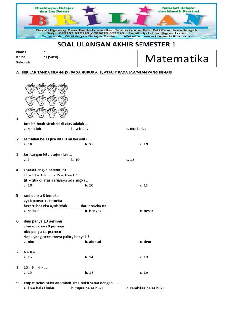 Soal UAS Matematika Kelas 1 SD Semester 1 (Ganjil) Dan Kunci Jawaban | PDF