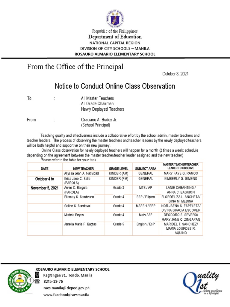 Online Classroom Observation Notice | PDF | Philippines