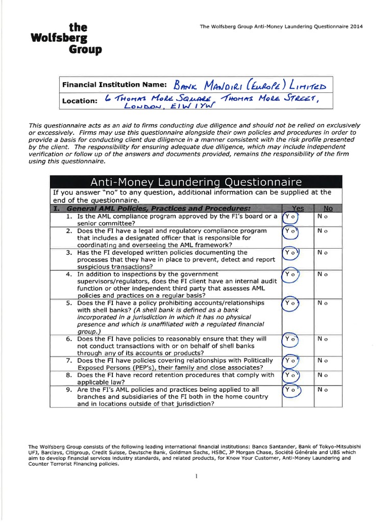 Wolfsberg Group AML Questionnaire - BMEL (Jan 2015) | PDF