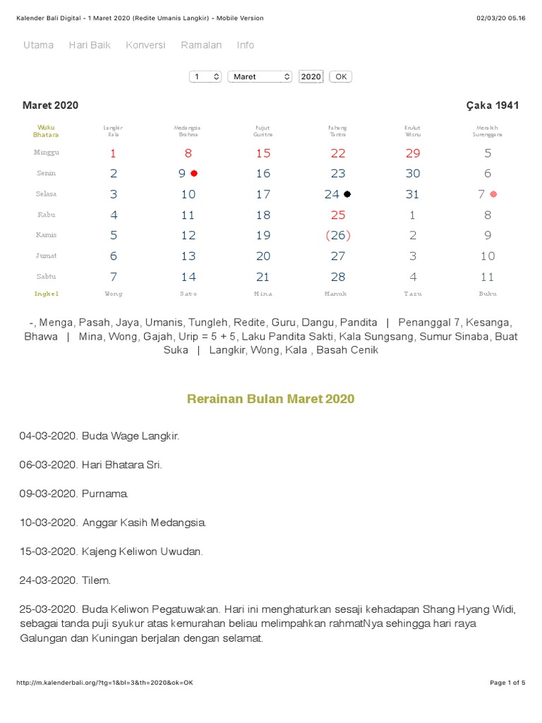 Kalender Bali Digital - 1 Maret 2020 (Redite Umanis Langkir) - Mobile ...