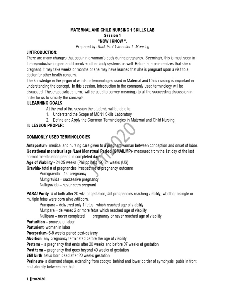Maternal and Child Nursing 1 Skills Lab Modele s1 | PDF | Pregnancy ...