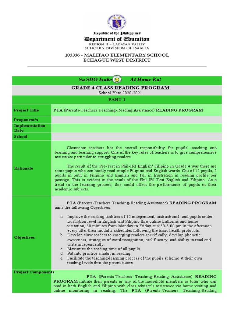 Grade 4 Class Reading Program: Sa SDO Isabela, at Home Ka! | PDF ...