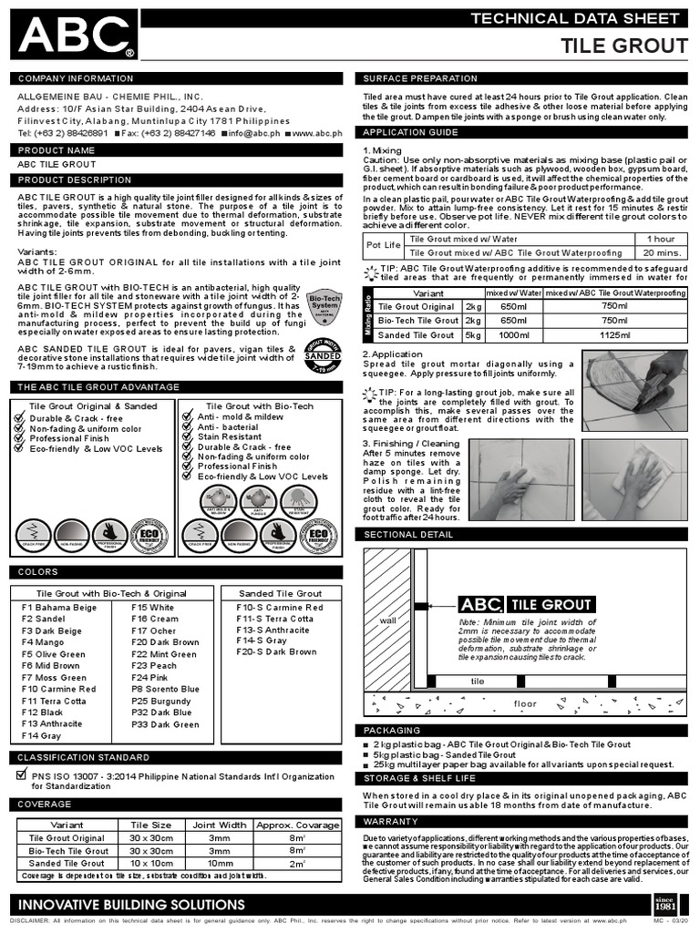 ABC Tile Grout Technical Data Sheet 2020 | PDF | Tile | Building ...