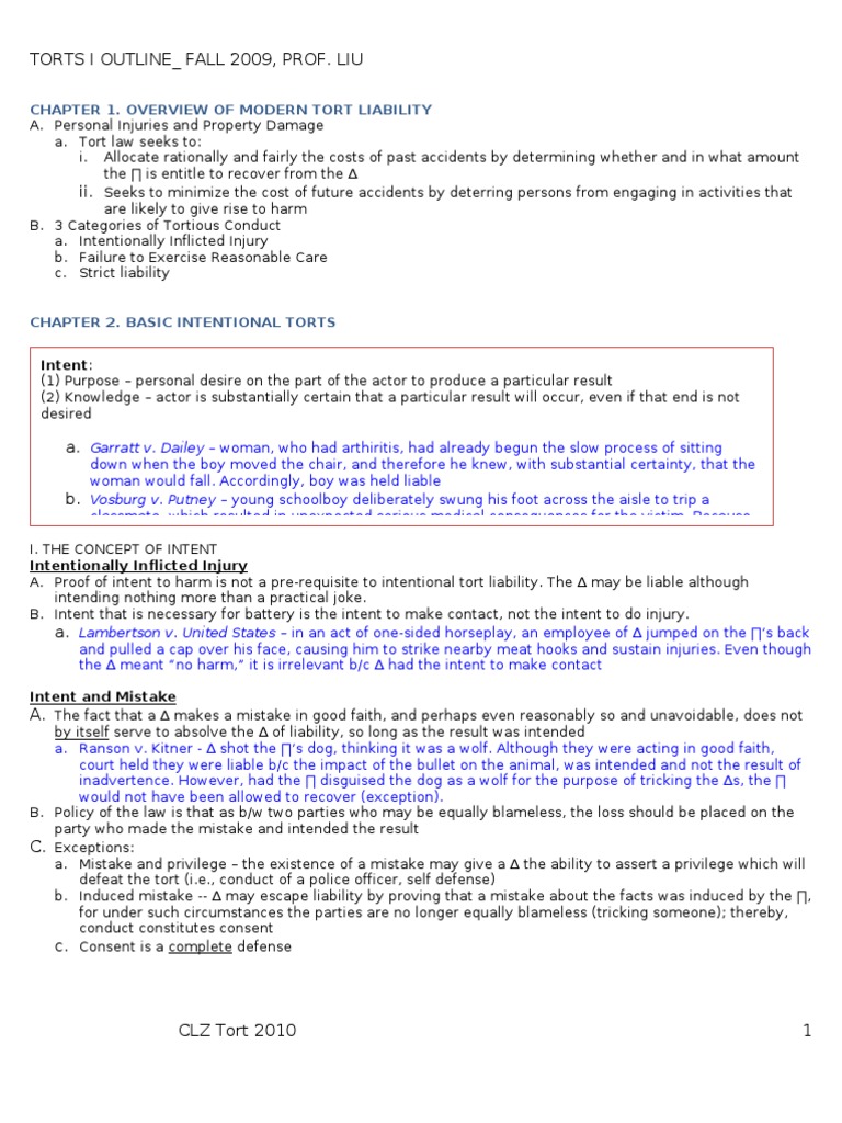 Torts I Outline - Fall 2009, Prof. Liu: Chapter 1. Overview of Modern ...