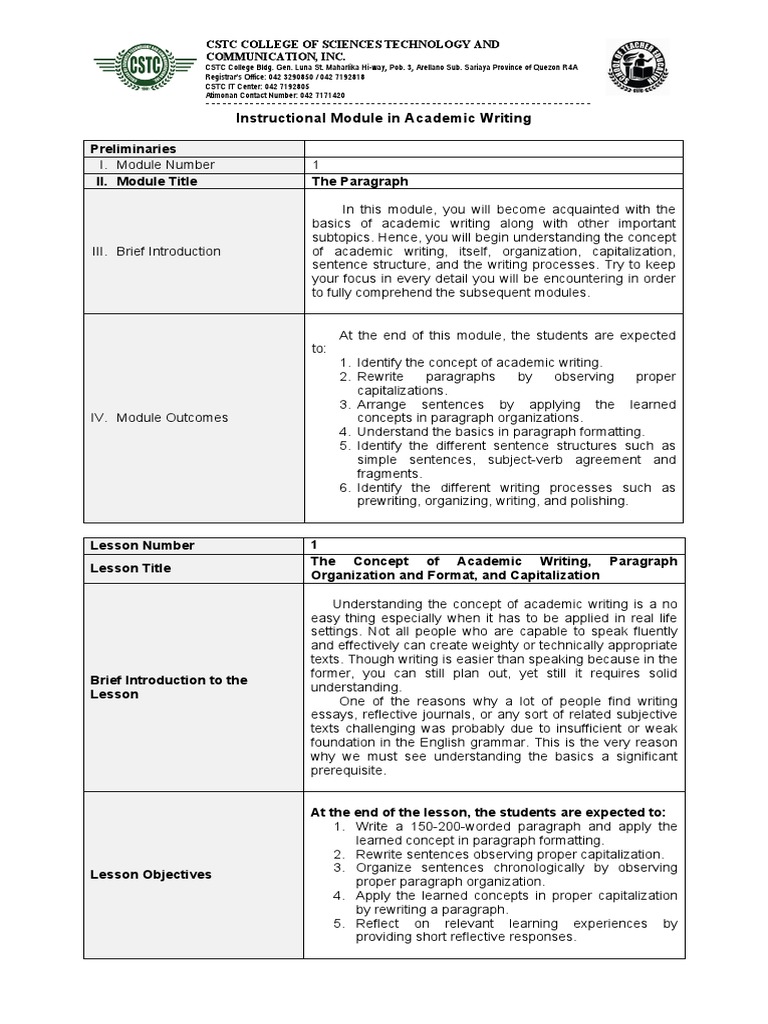 Instructional Module in Academic Writing: CSTC College of Sciences ...