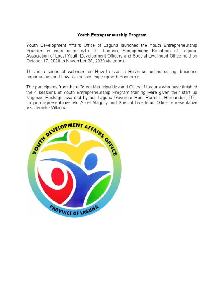 Youth Entrepreneurship Program | PDF | Entrepreneurship | Business