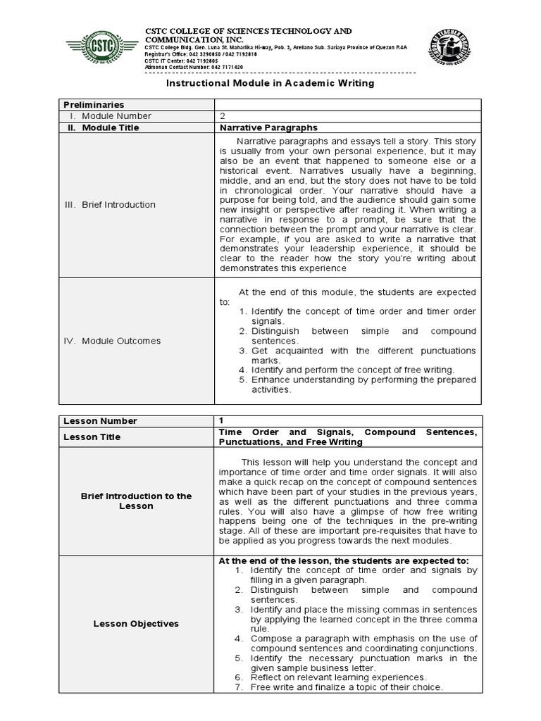 Instructional Module in Academic Writing: CSTC College of Sciences ...