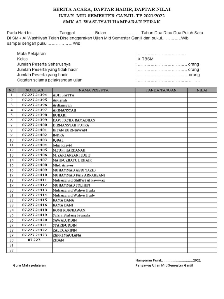 Berita Acara, Daftar Hadir, Nilai Kelas TKJ-TBSM Ujian Mid Semester Ganjil TP.2021-2022 | PDF
