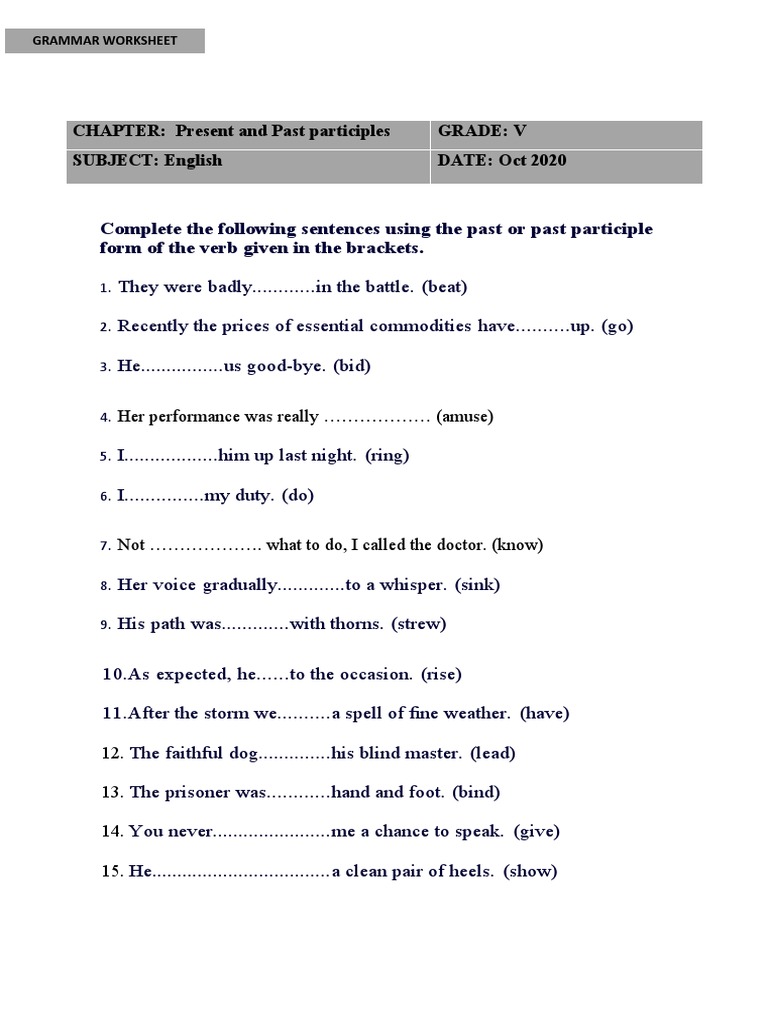 Past and Present Participles Worksheet | PDF | Language Arts ...