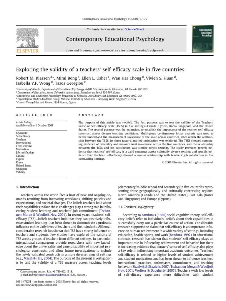 Validating Teacher Self-Efficacy Scale Internationally | PDF | Self ...