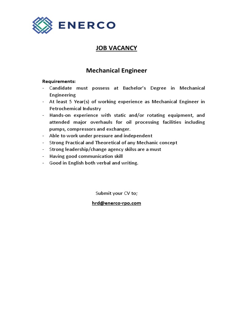 Job Vacancy Mechanical Engineer PT. Enerco RPO Internasional | PDF
