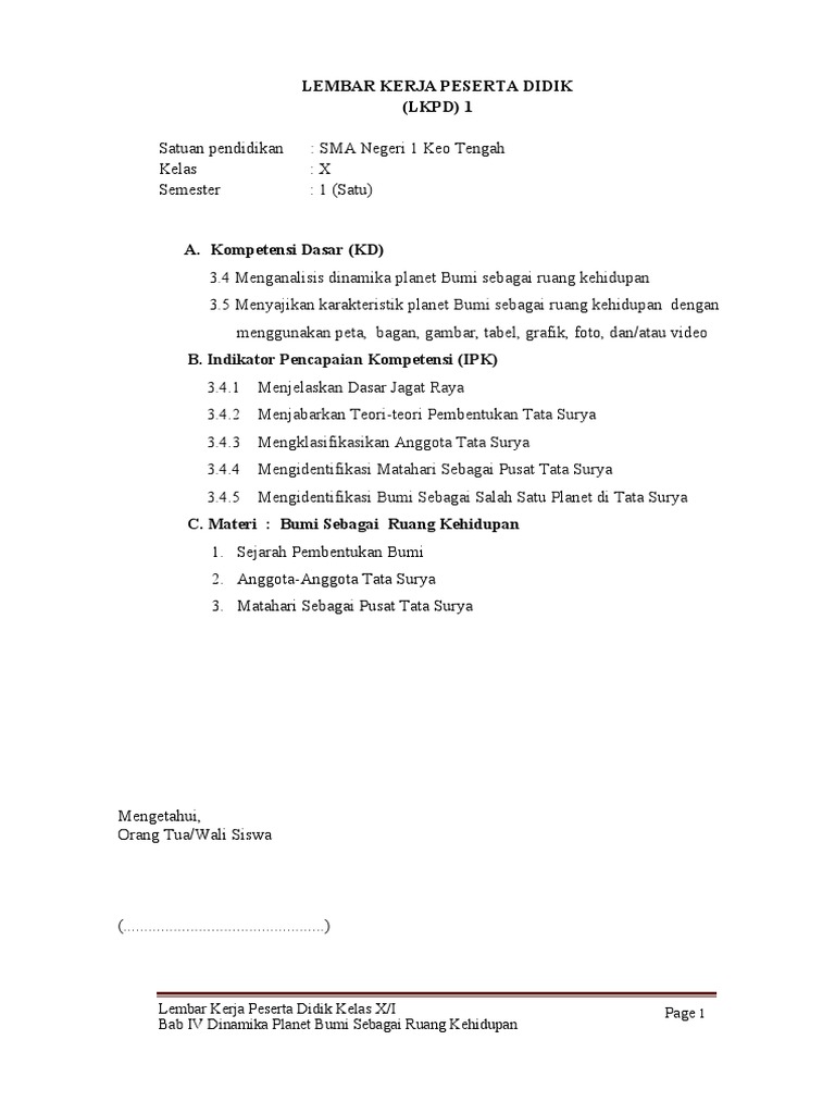 LKPD PT 1 & 2. Bumi Sebagai Ruang Kehidupan | PDF