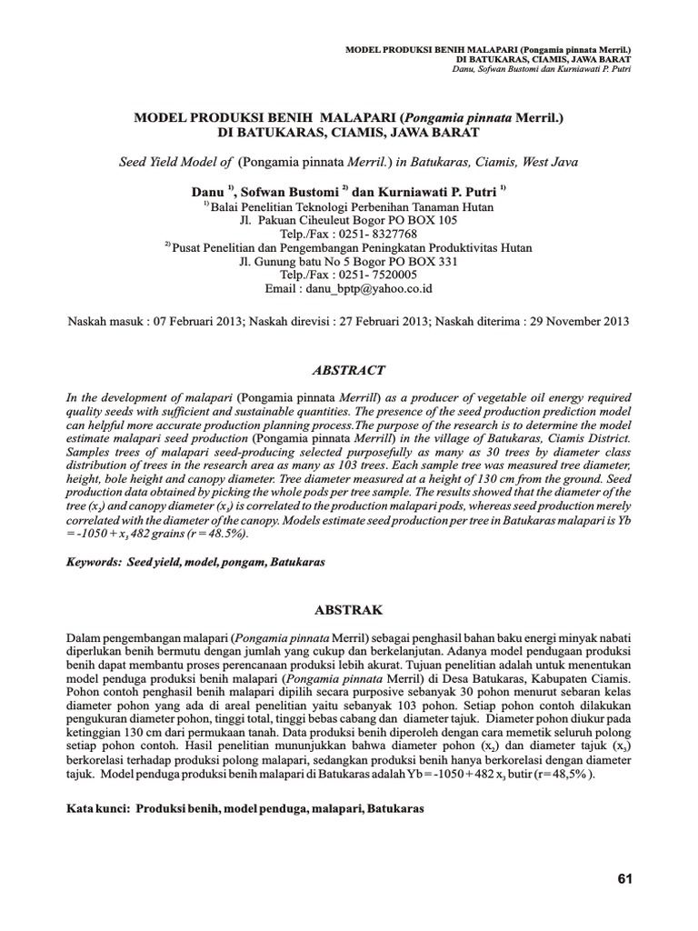 MODEL PRODUKSI BENIH MALAPARI (Pongamia Pinnata Merril.) Di Batukaras ...