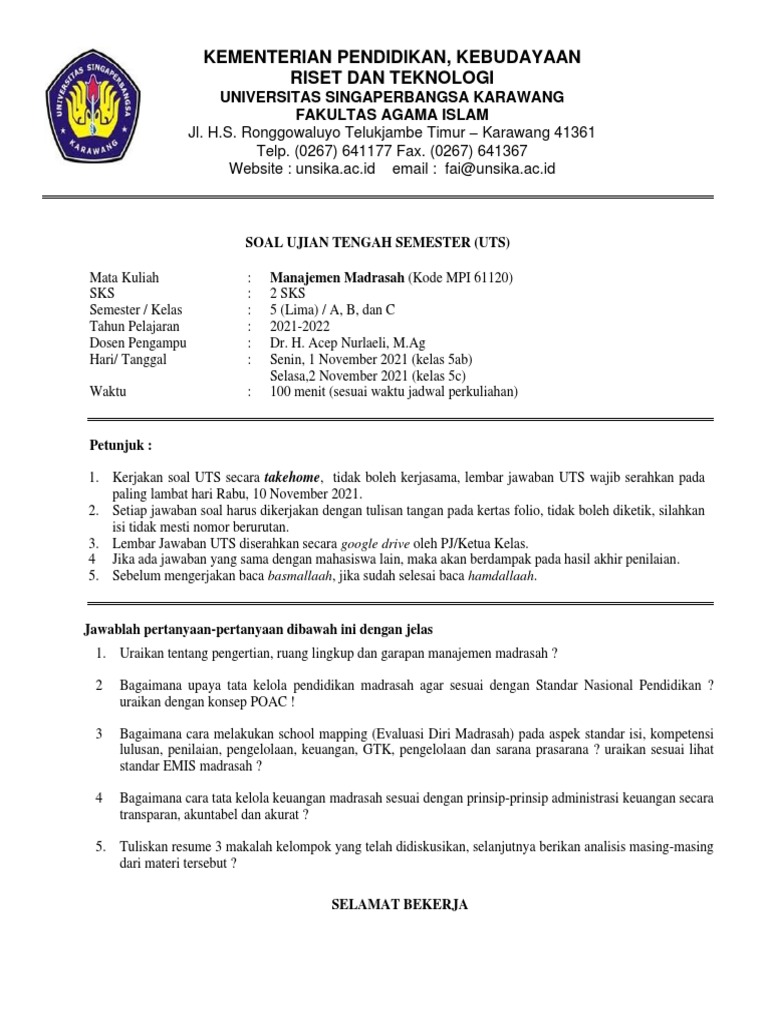 SOAL UTS MPI - Manajemen Madrasah - 5abc - 2021 | PDF