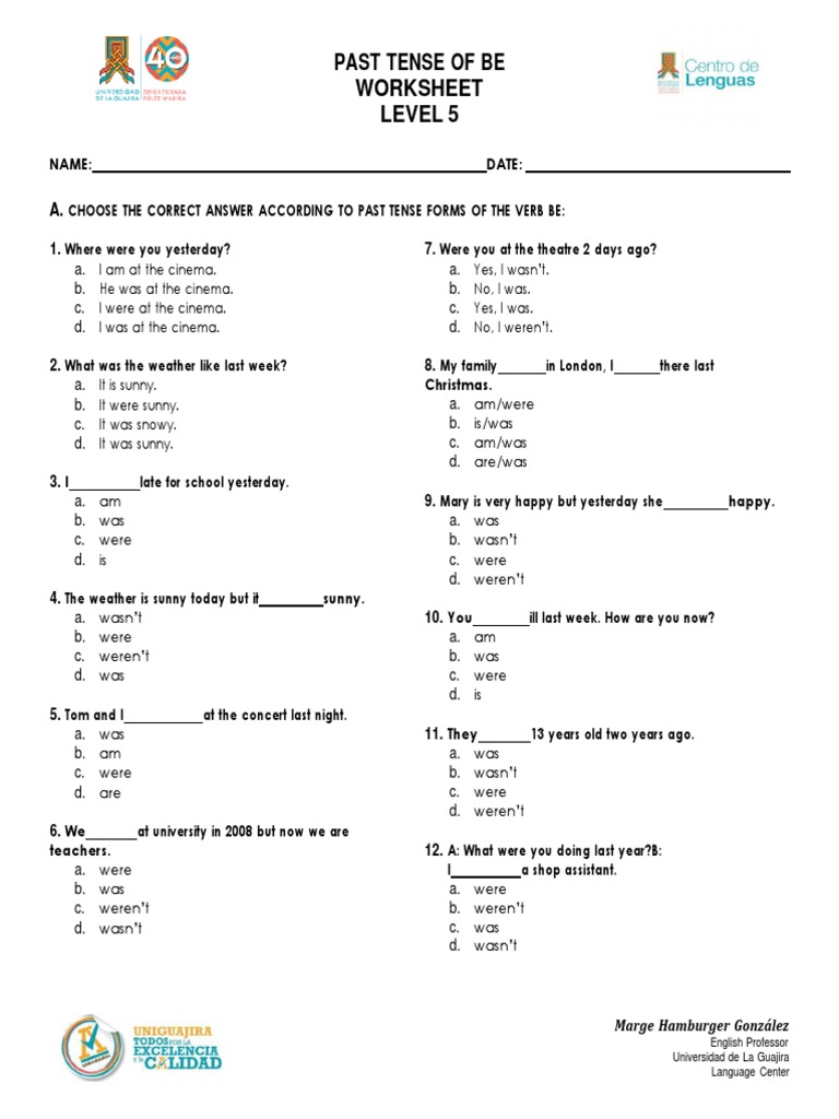Past Tense of Be Worksheet Level 5: A. B. C. D. A. B. C. D | PDF