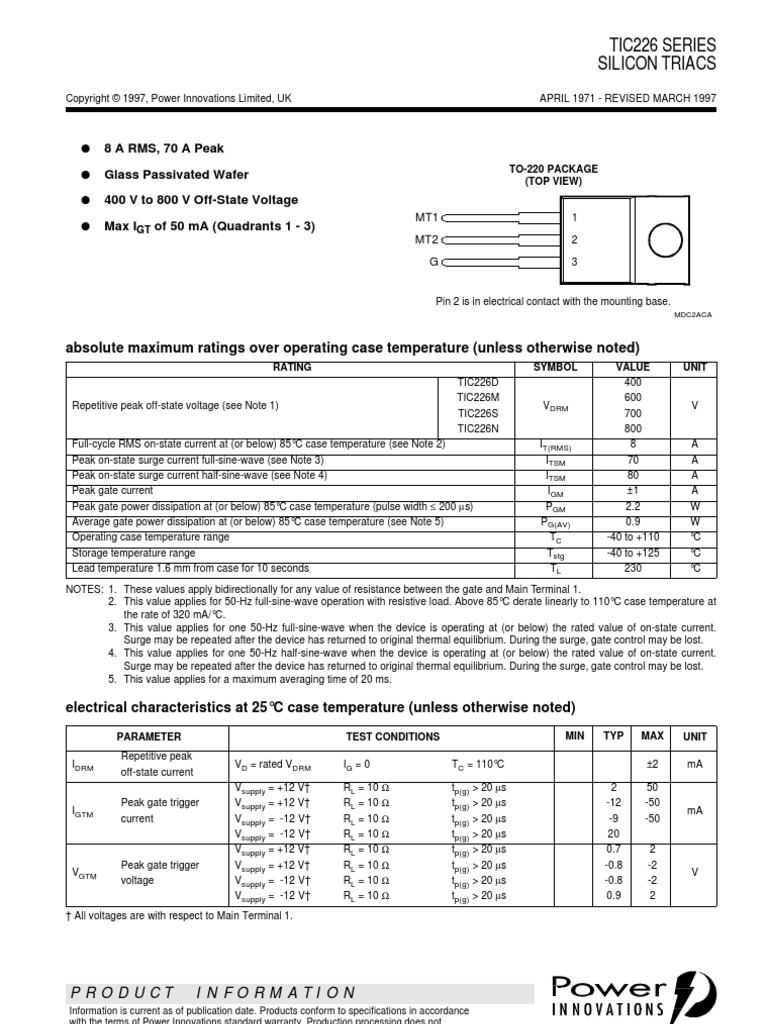 Tic226 Series Silicon Triacs | PDF | Semiconductors | Root Mean Square