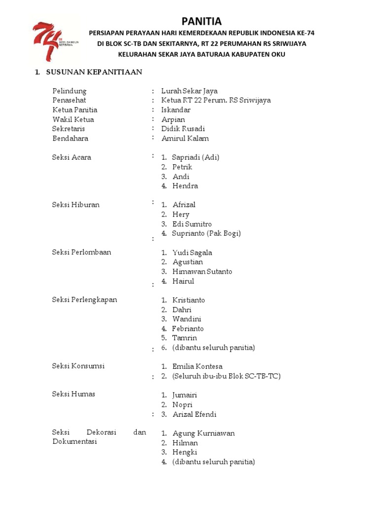 Contoh Susunan Kepanitiaan Hut Ri Ke 74 | PDF