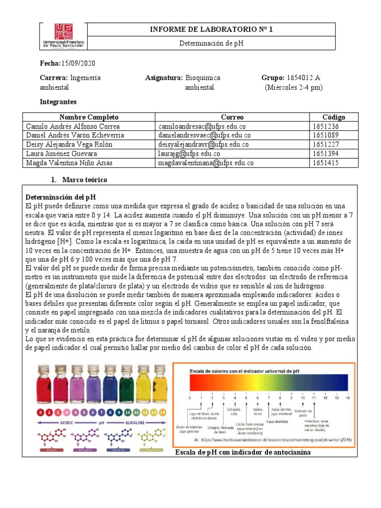 Informe #1, Determinacion de PH | PDF | Ph | Química