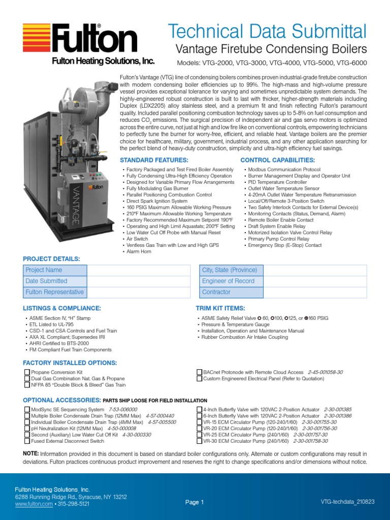 Fulton Vantage Technical Data | Download Free PDF | Boiler | Valve